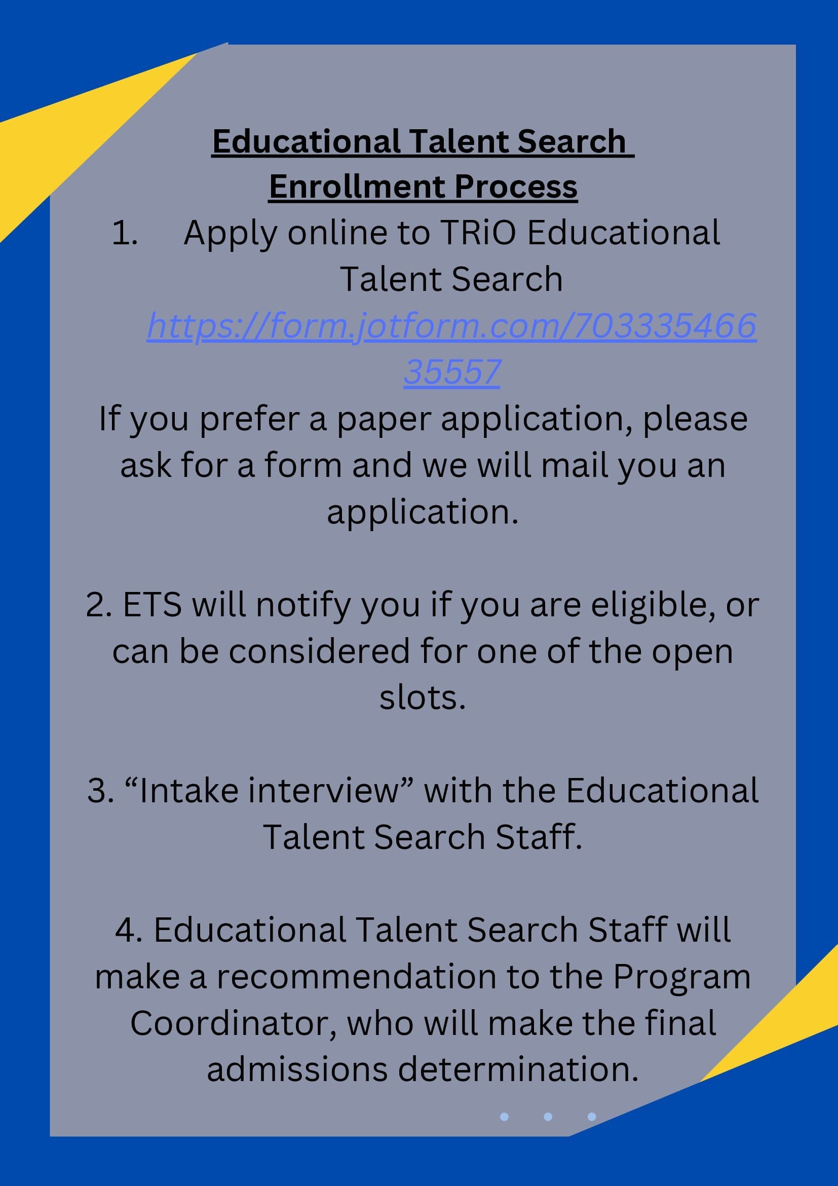 ETS ENROLLMENT Process – New Academic Website